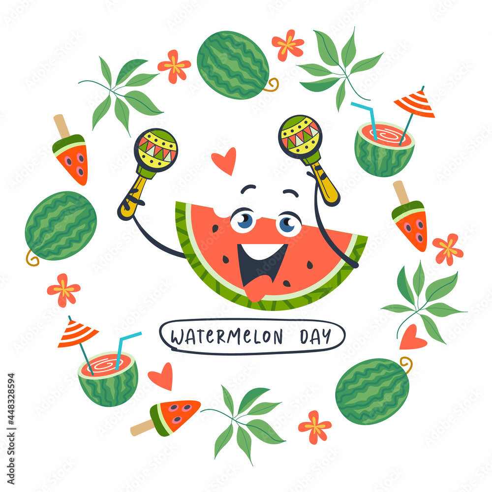 Watermelon Day. Festive fun vector clipart. Template for a postcard ...