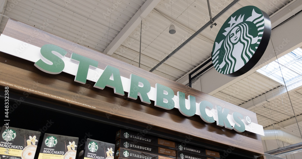 Starbucks coffee house logo sign green front of store American cafe ...