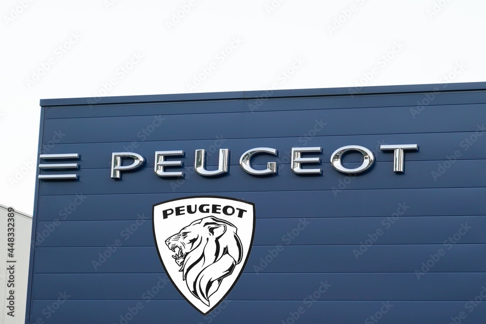 peugeot new modern sign brand and lion retro logo text of french car ...