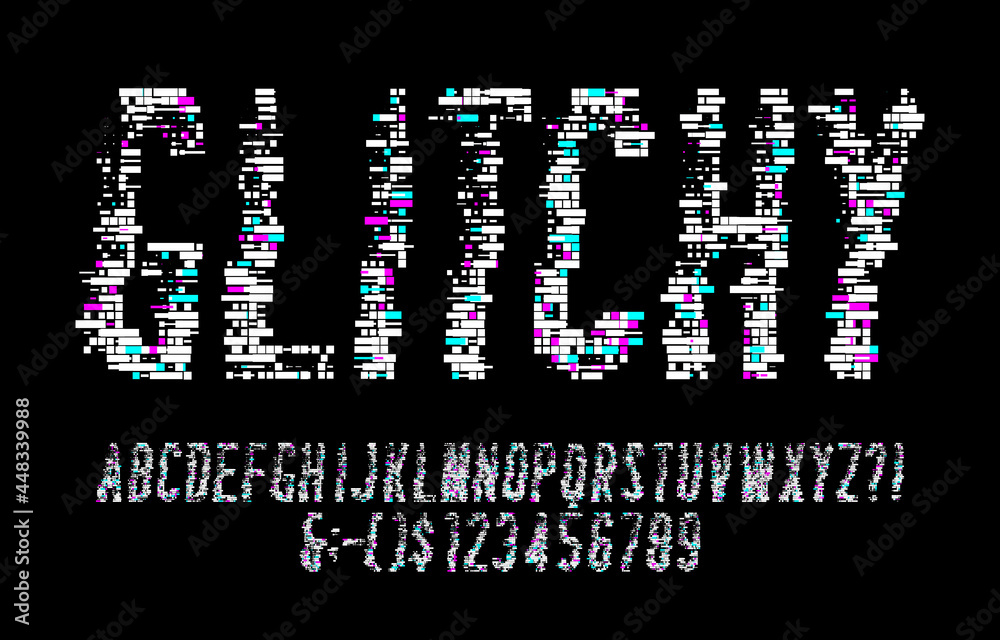 Glitchy alphabet font. Digital letters and numbers. Stock vector ...