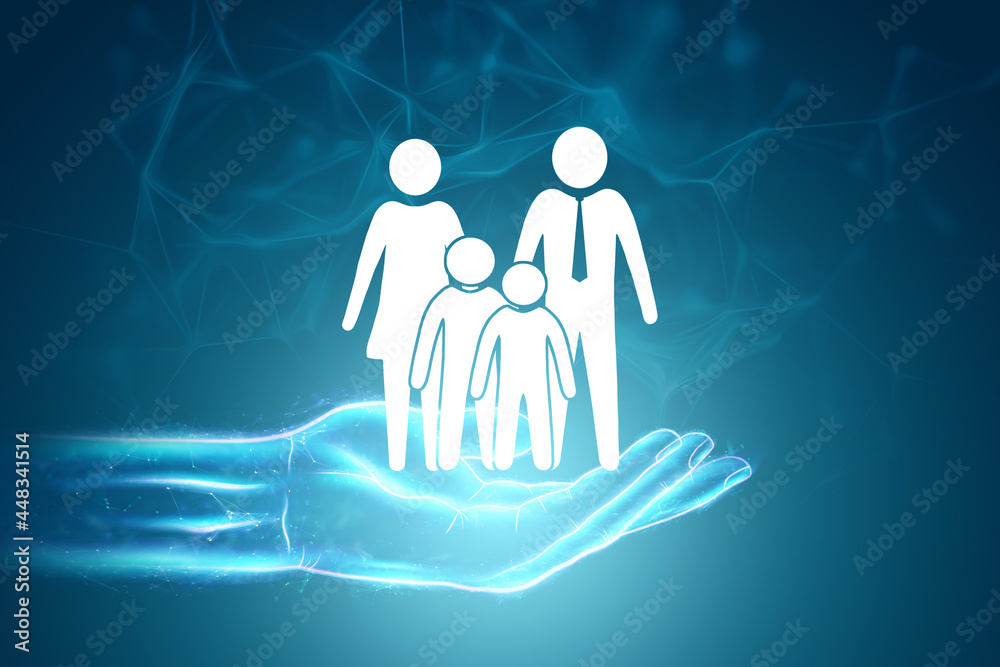 Flat figures of a family on a human hand on a blue background.. concept ...