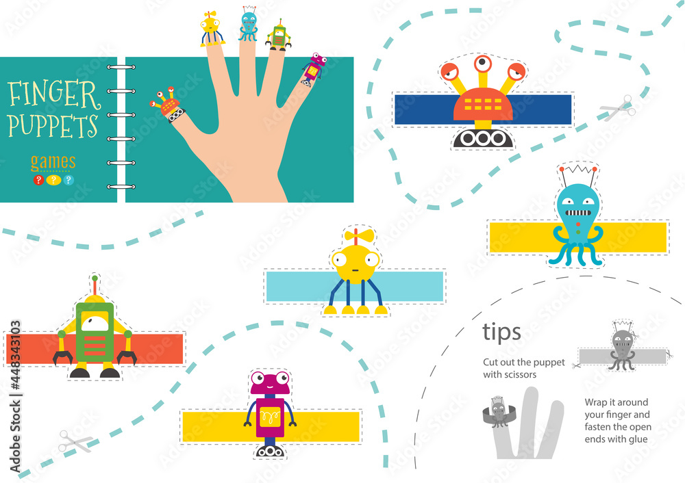 Finger puppet vector robots. Cut and glue educational worksheet for ...