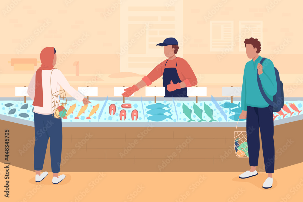 Vecteur Stock Seafood market flat color vector illustration. Buying ...