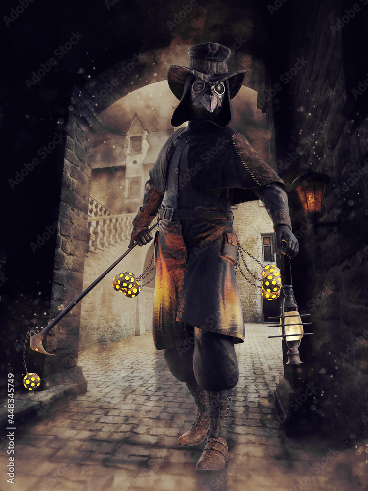 Fantasy scene with a medieval plague doctor with lanterns standing in a ...