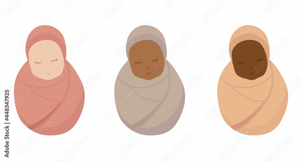 Set of swaddled baby. Newborn flat character different skin colors ...