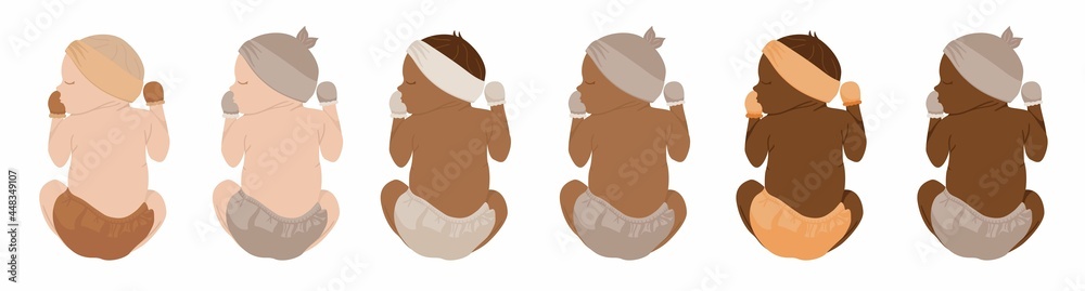 Collection of newborn baby with different skin tone. New baby in ...