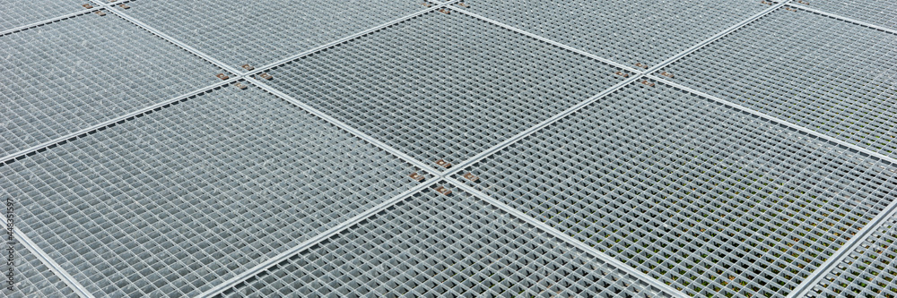 Metal panoramic background. Grating platform. Square industrial ...