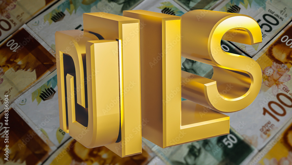 The gilded ILS shekel symbol on the background of Israel paper bills ...