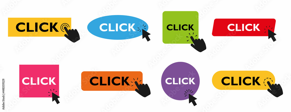 Set of colored buttons Click Here with hand or mouse cursor, isolated ...
