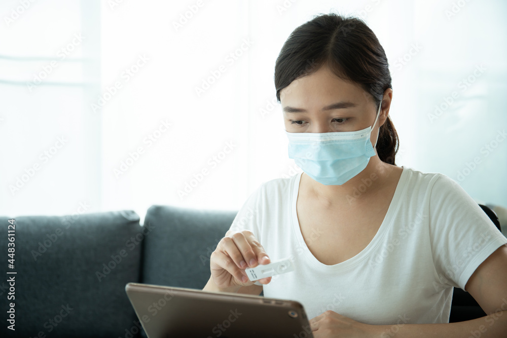 Asian young woman with hygiene protective face mask using SARS 2019 ...