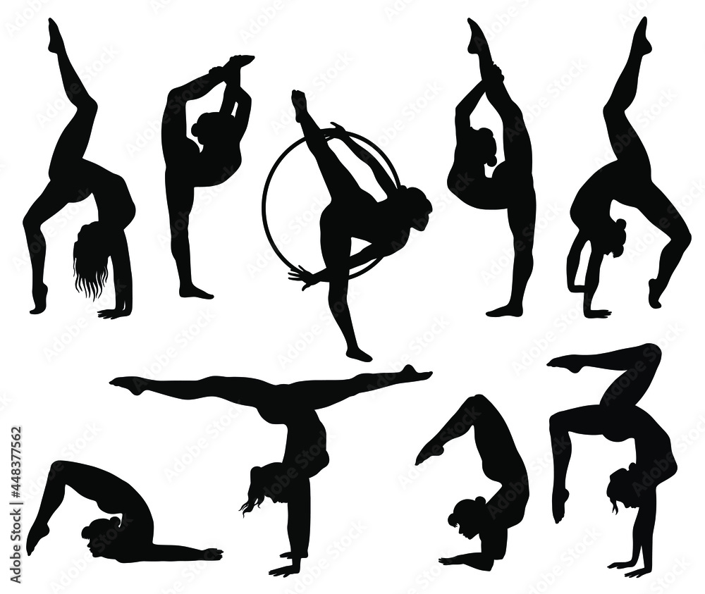 Set of vector silhouettes of girls doing acrobatic poses. Icons of ...