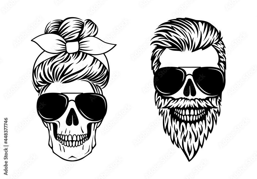 Couple of skulls. Male and female skulls in aviator glasses. Messy bun ...