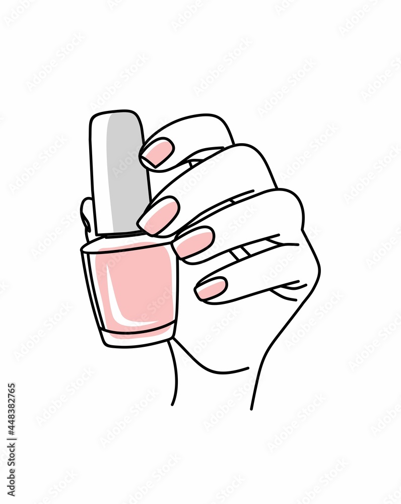 Vector linear drawing of a hand and nail polish on a white background ...