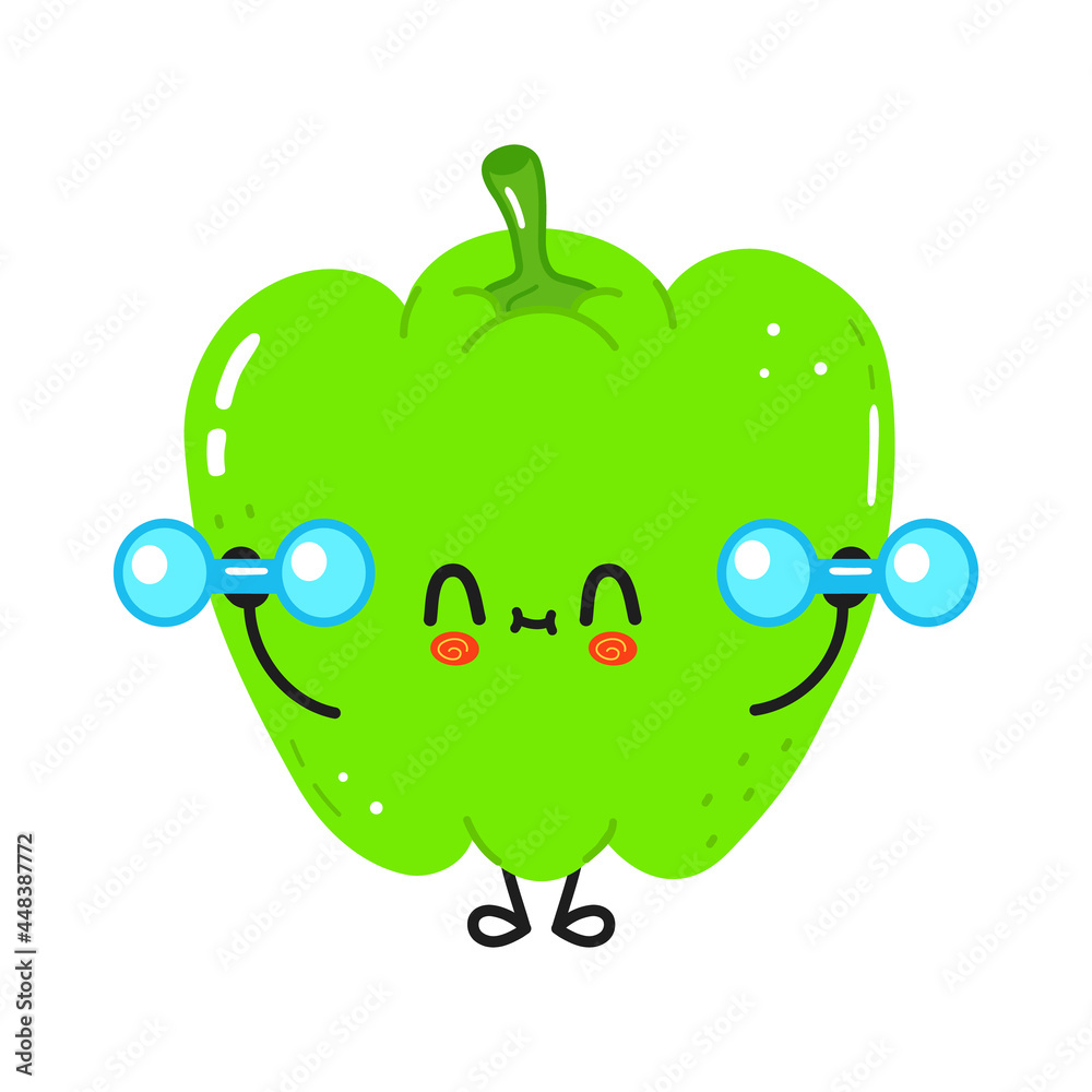Cute funny running green pepper with dumbbells. Vector hand drawn ...