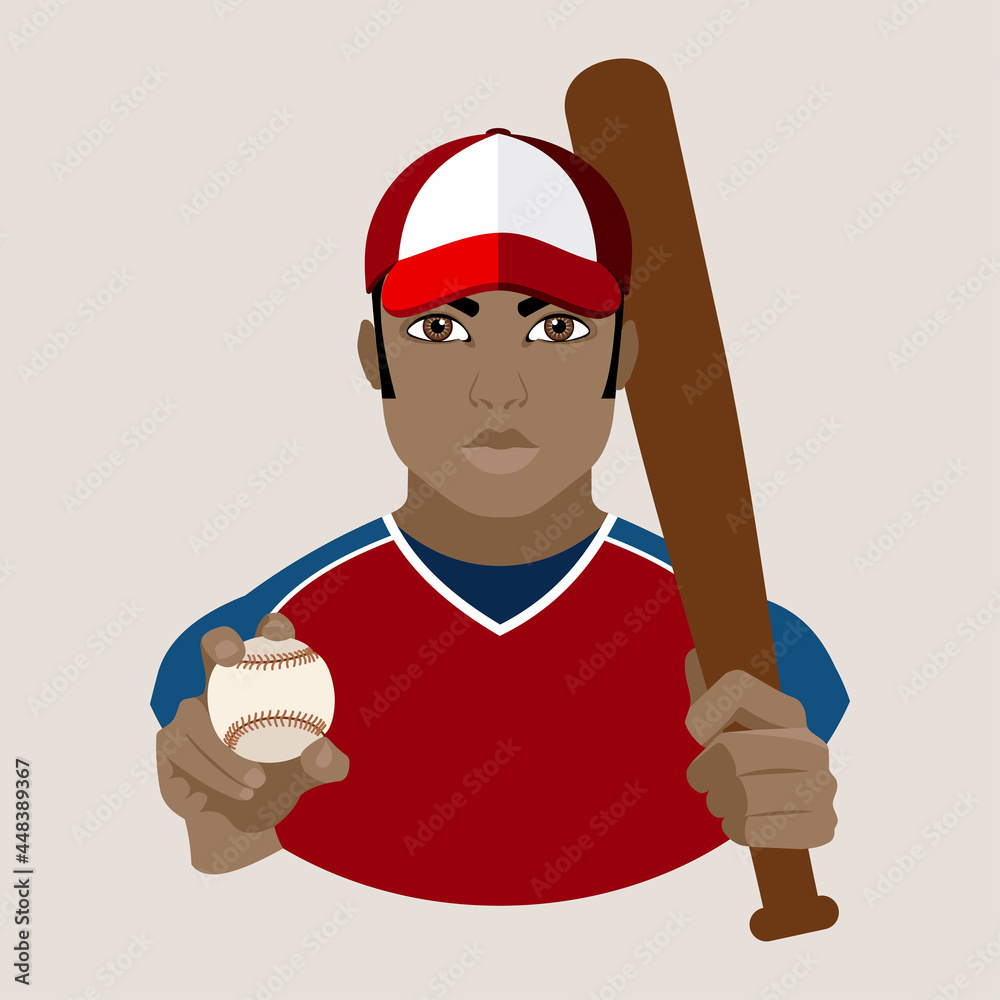 An avatar of a man in a baseball cap holds a baseball bat in one hand ...
