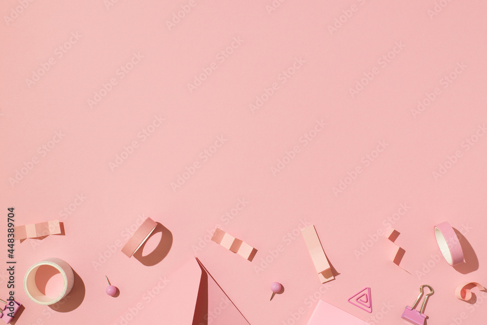 Top view photo of school supplies pink stationery adhesive tapes ...