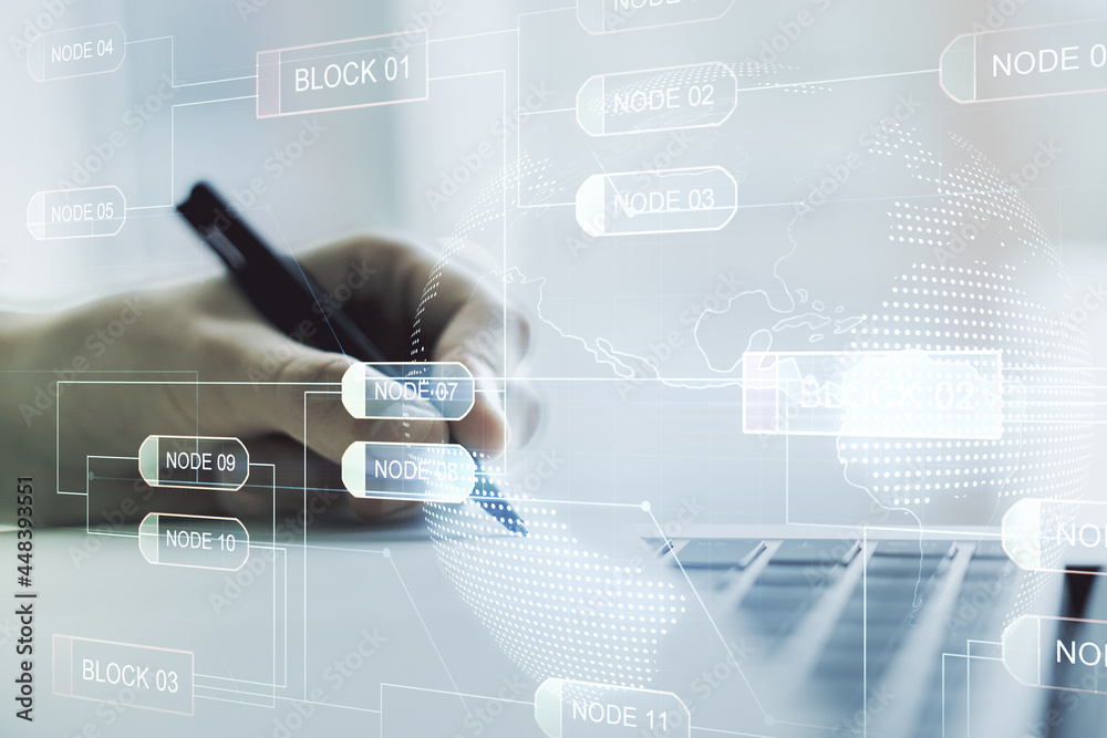 Abstract creative coding illustration with world map and hand writing ...