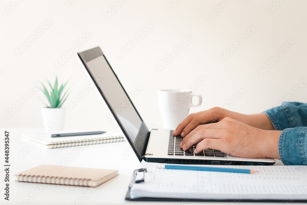 E-learning, Student studying online class via laptop computer. online ...