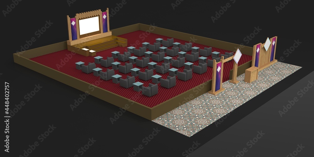 3d illustration layout room plan sofa table with stage gate entrance ...