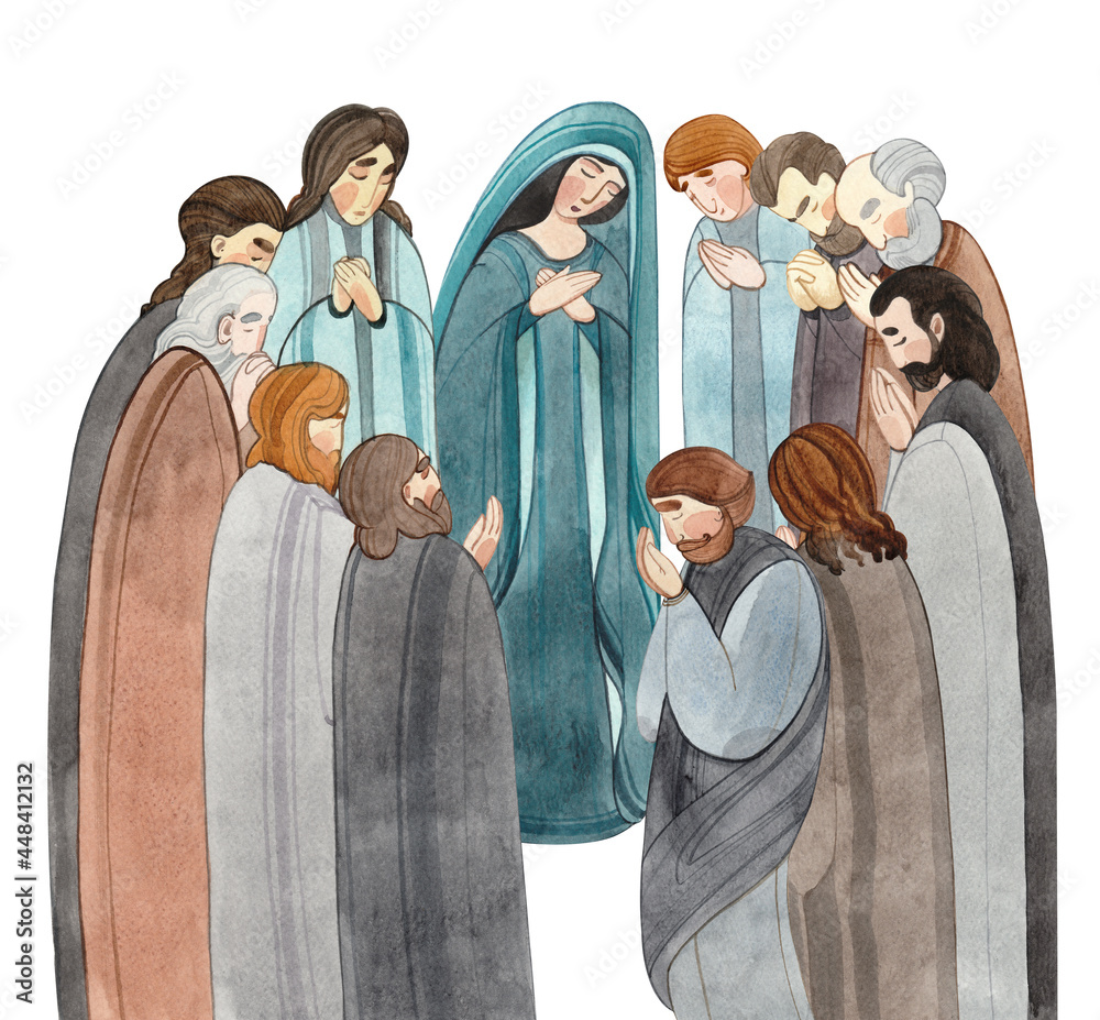 Watercolor hand-drawn illustration of praying people, the apostles in ...