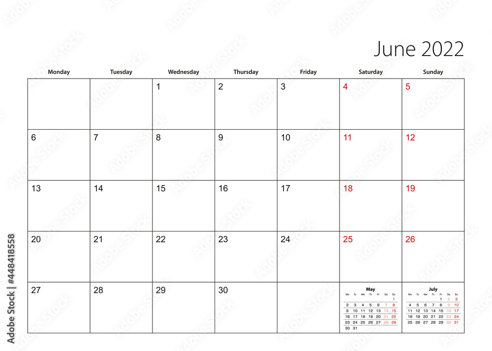 June 2022 simple calendar planner, week starts from Monday. Stock ...