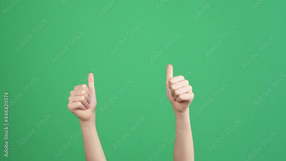 Kid hand pointing at someone, rising up and show gesturing two hands ...