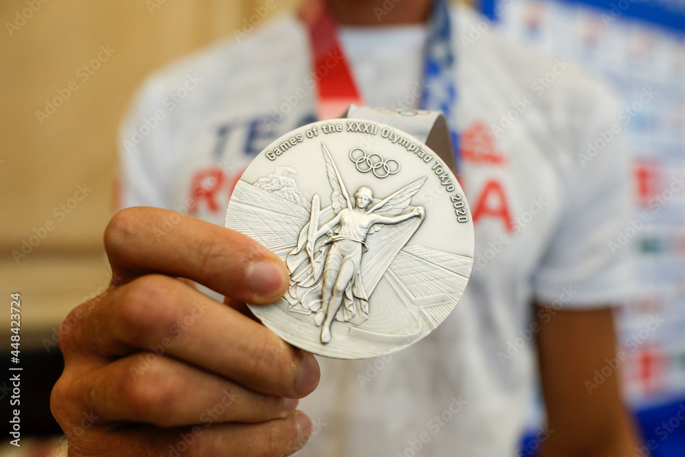 Details with a Tokyo 2020 Olympic Games silver medal won by a Romanian ...