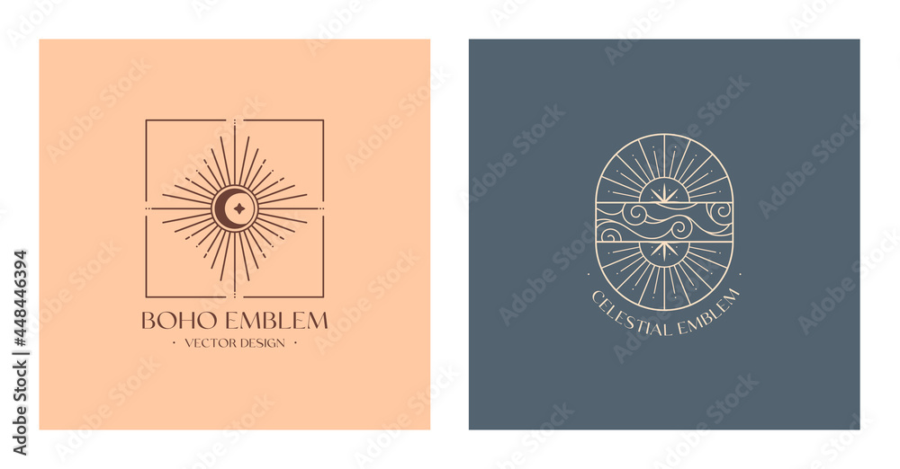 Vector linear boho emblems.Bohemian logos design with cloudy sky ...