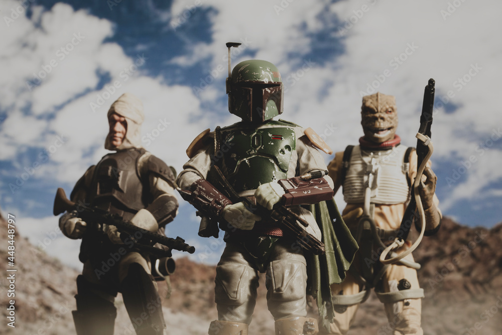 NEW YORK USA, AUG 1 2021: Star Wars bounty Hunters Boba Fett, Dengar ...