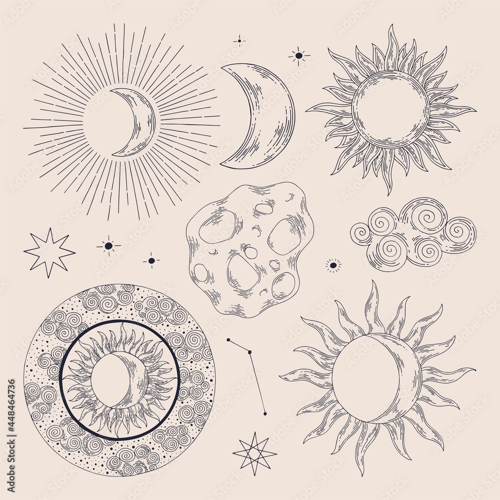Celestial illustrations. Vector set. Hand drawing. Illustration for ...