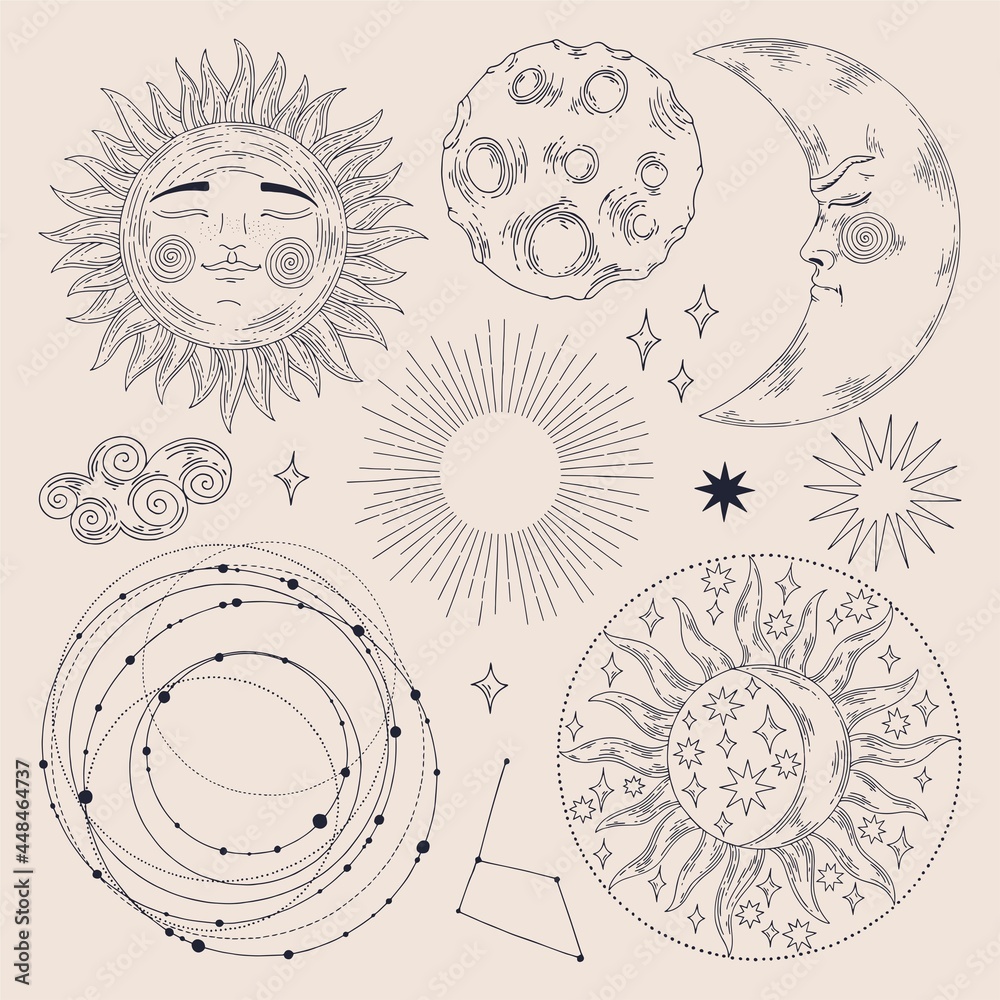 Celestial illustrations. Vector set. Hand drawing. Illustration for ...