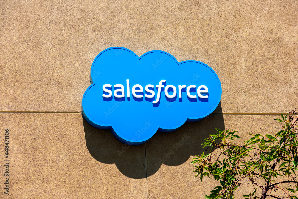 Salesforce cloud logo, sign at software company headquarters building ...