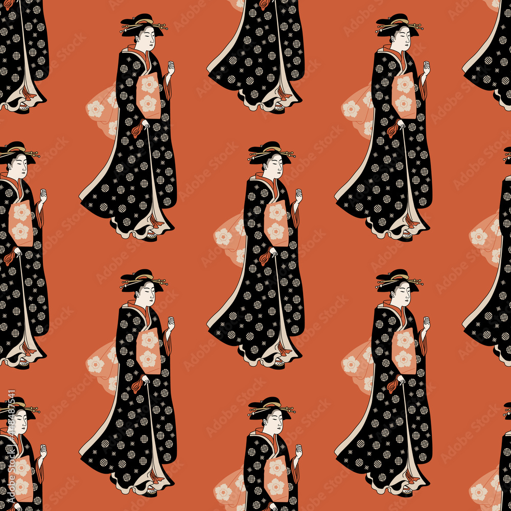 Seamless geometrical pattern with standing Japanese women or geishas ...