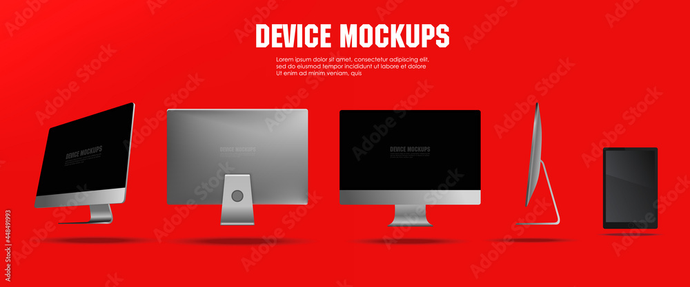 Realistic personal computer from different angles on a red background ...