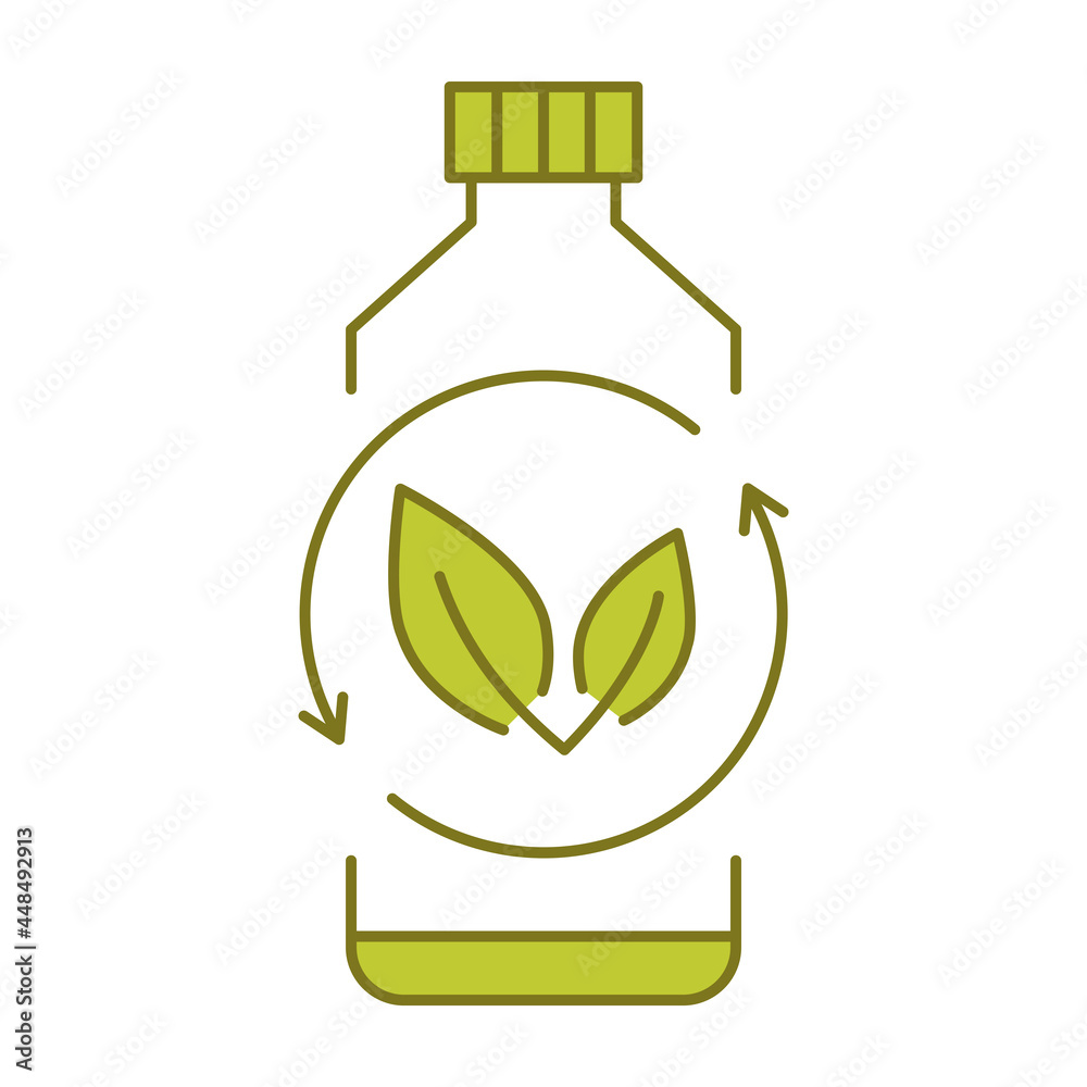 Biodegradable plastic, sign. Bio plastic bottle with green leaves ...