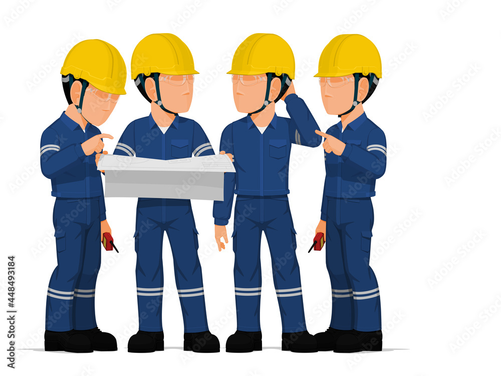Four workers are discussing about engineering drawing. Stock Vector ...