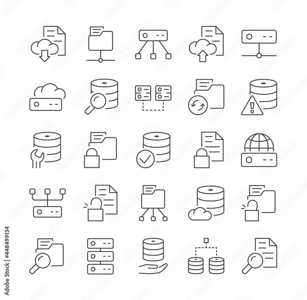 Database and data technology concept. Thin line icon set. Outline signs ...