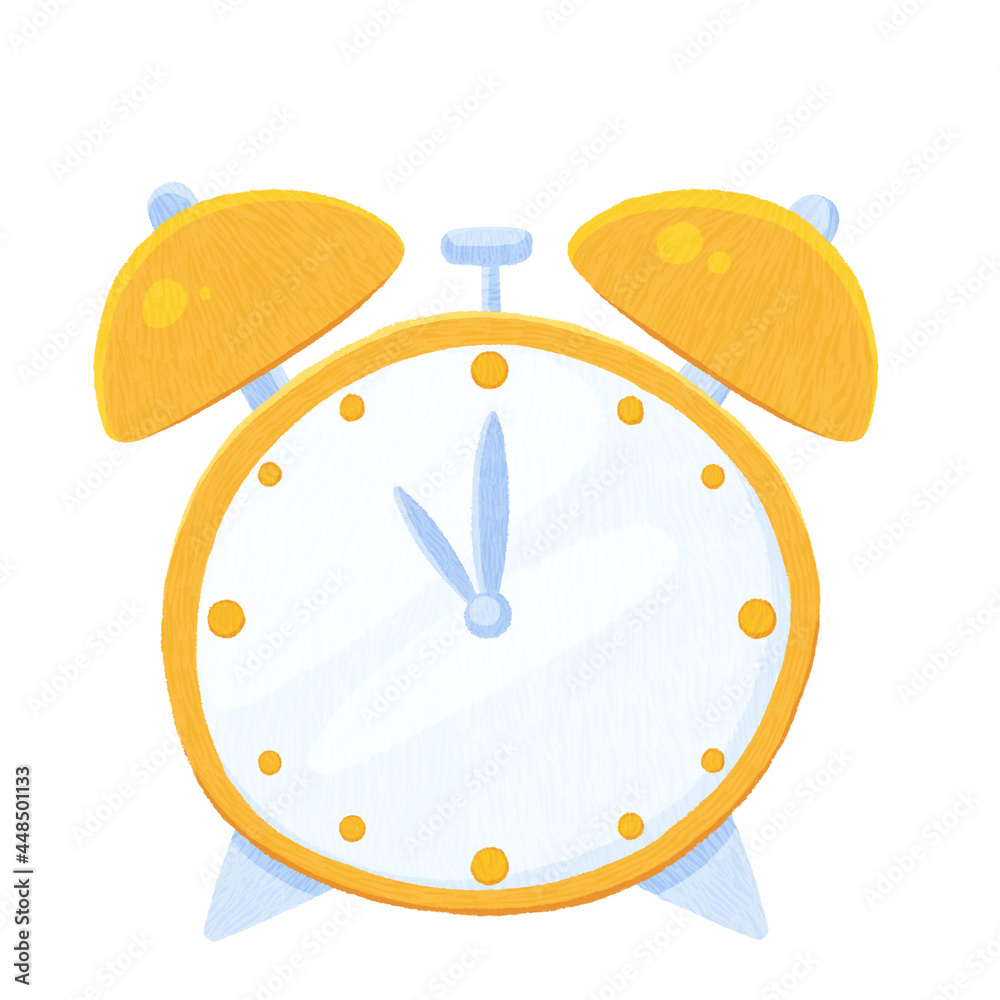 Round classic yellow alarm clock in cartoon style. Back to school ...