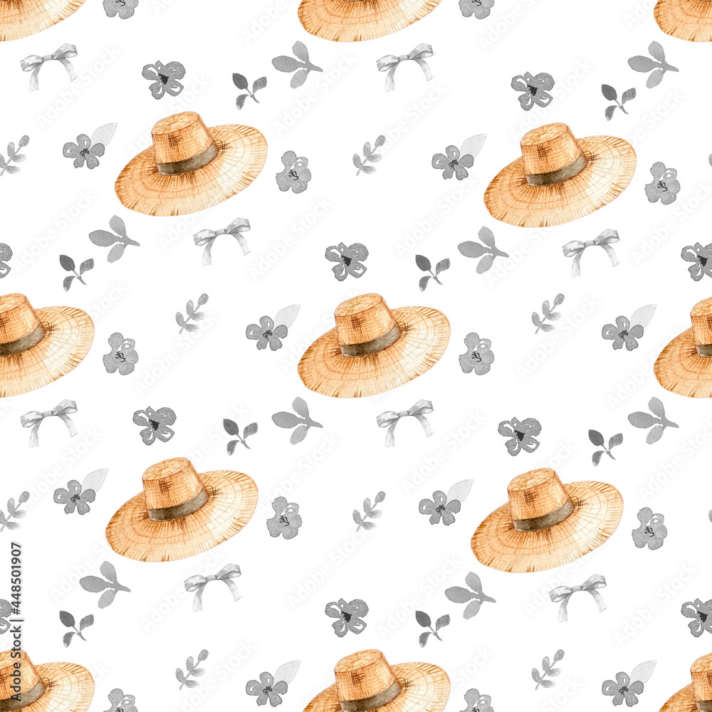 Watercolour pattern. Straw hats on a white background. Texture for ...