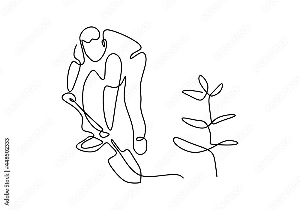 Single continuous line drawing young man digging ground using shovel ...