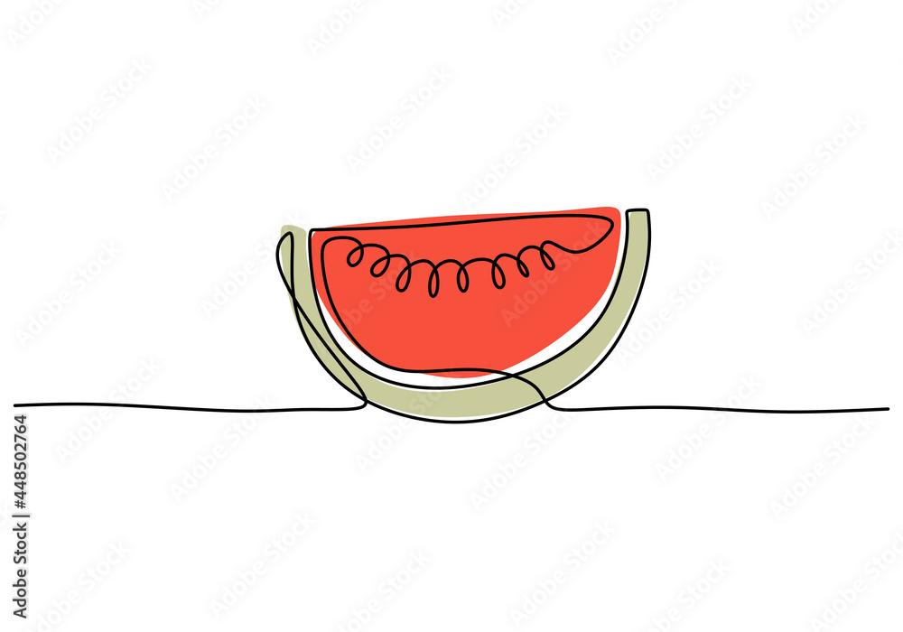 One continuous line drawing of sliced red watermelon. Fresh fruitage ...