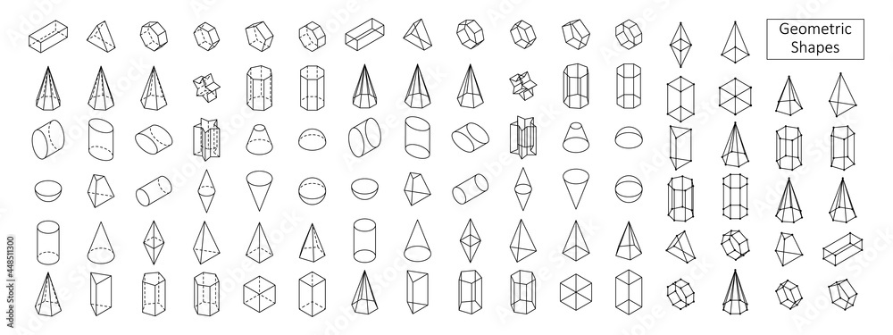 Set of 3d basic geometric shapes. Isometric view. Linear objects for ...