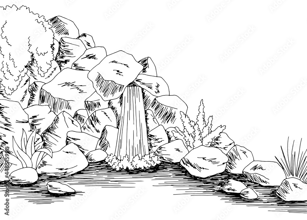 Source spring waterfall graphic black white river landscape sketch ...