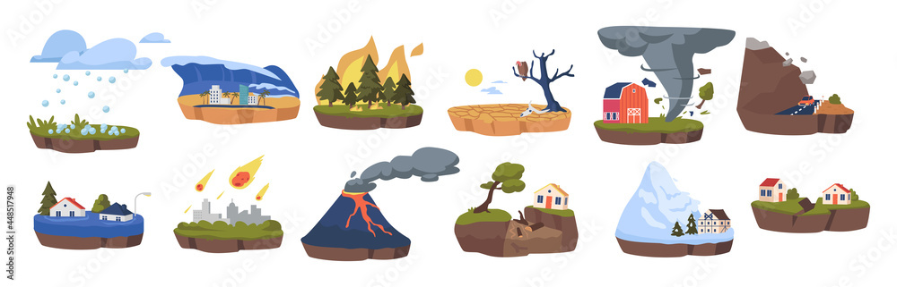 Climate Change Icons Set. Melting Glaciers, Deforestation and Flood ...