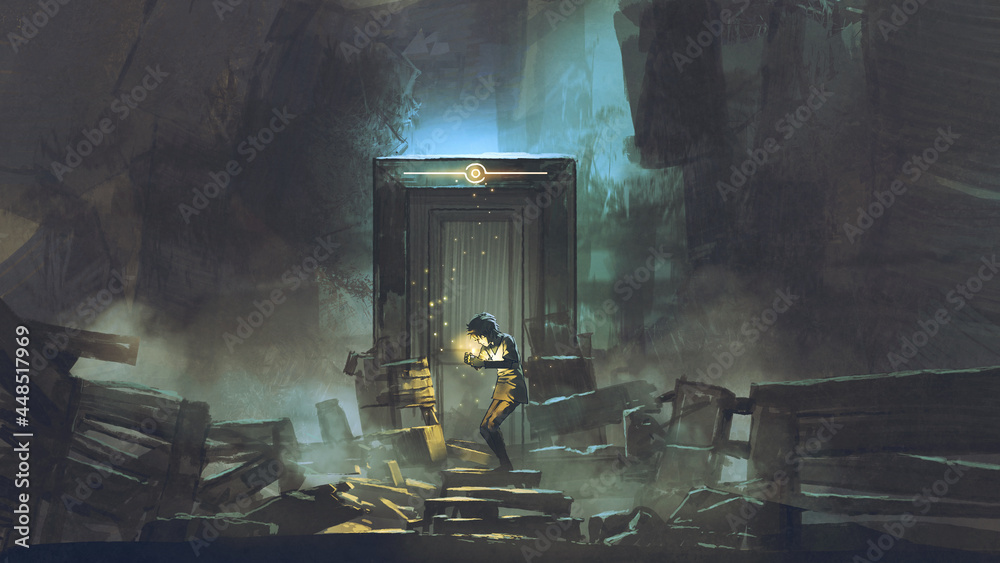 young boy lit the candle in front of the secret door, digital art style ...