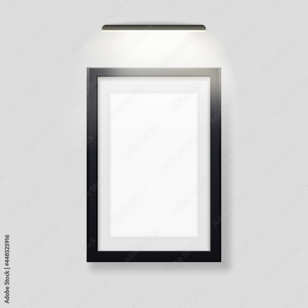 Empty picture with black frame and backlit template. Rectangle banner ...