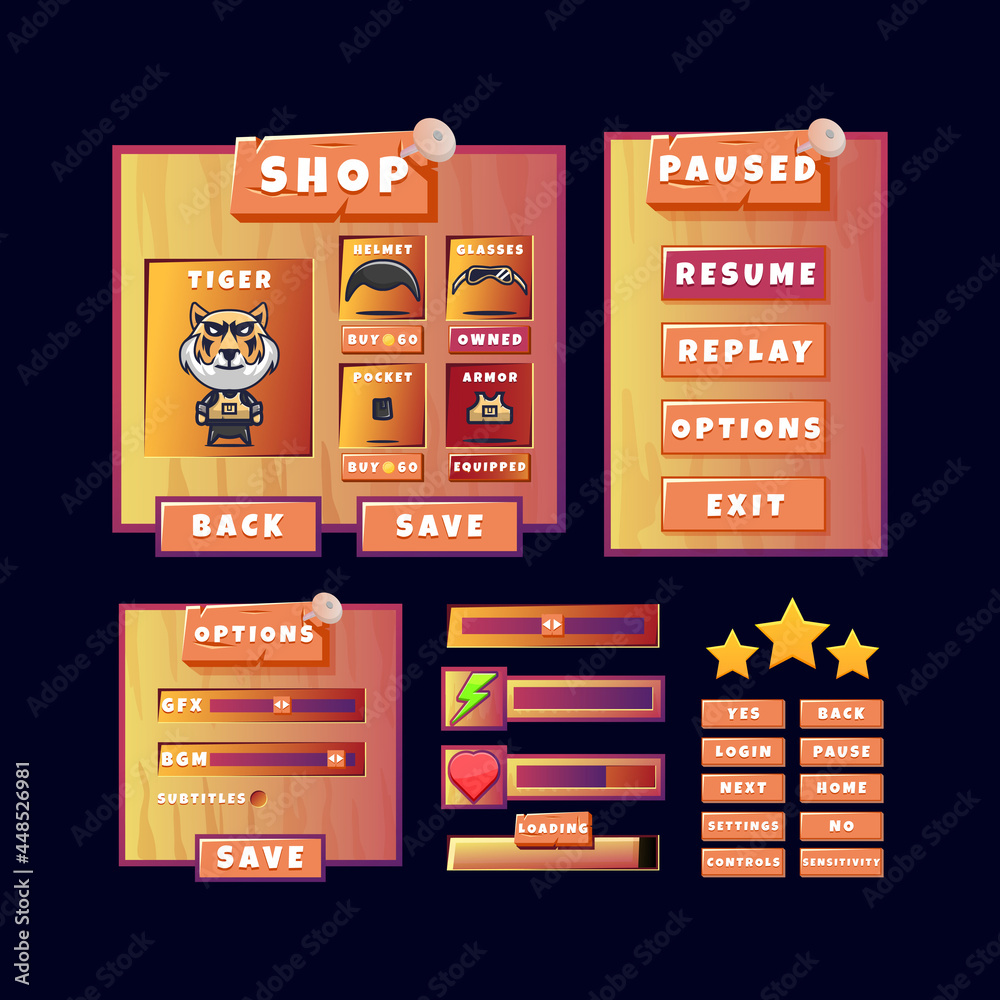game ui old wooden kit menu pop up with button and progress bar icon ...