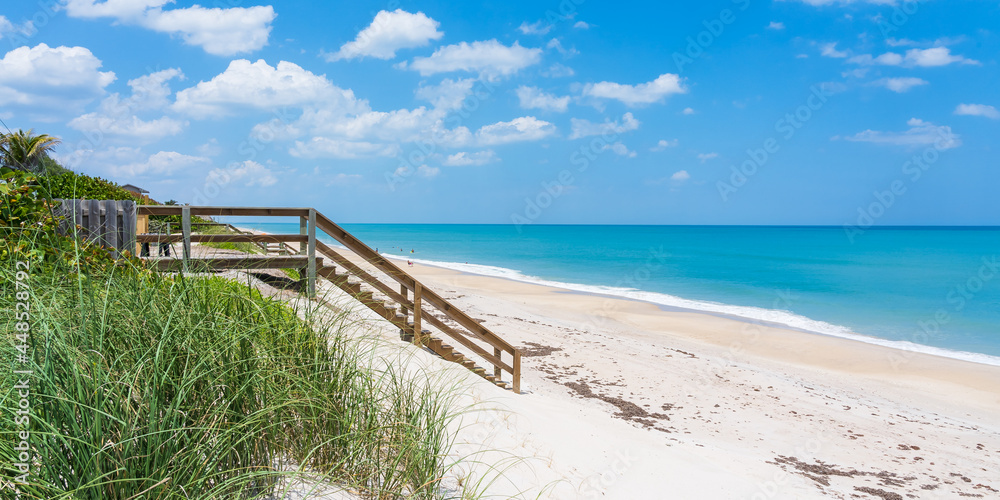 Poster Wooden Boardwalk and Staircase Leading to Atlantic Ocean Beach ...