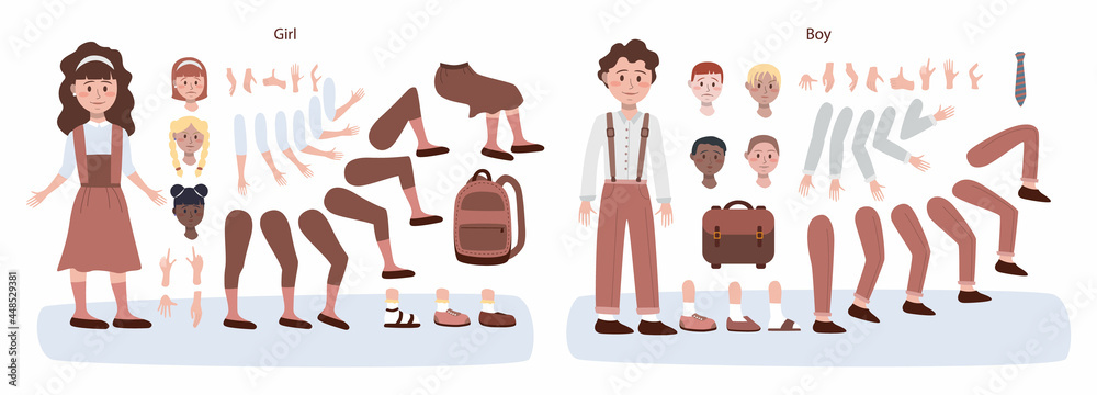 Child characters animation set. Girl and boy of school age with various ...