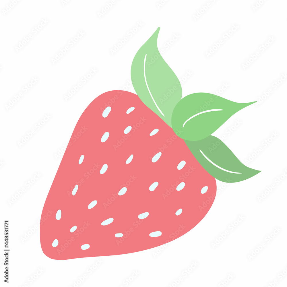 Hand drawn pink strawberry doodle with lettering, leaves isolated on a ...